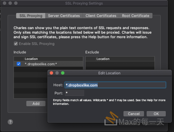 charles 顯示錯誤訊息：SSL Proxying not enabled for this host: enable in Proxy Settings, SSL locations ...